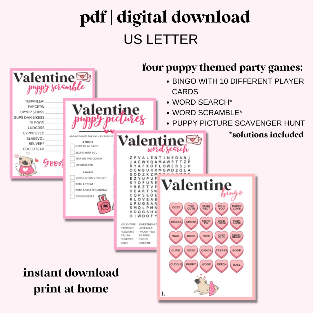 Valentine Dog Party Games Printable, Dog Valentine Bingo, Puppy Party ...