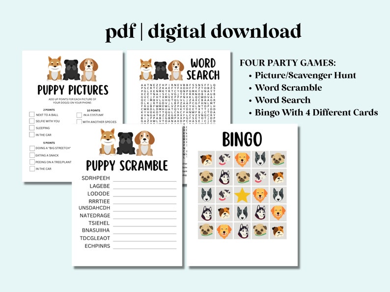 Dog Birthday Party Games Printable, Dog Birthday Bingo, Puppy Party ...