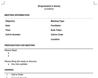 Meeting Agenda Template - Instant and Digital Download - Customizable ...