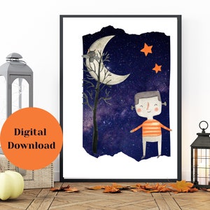Halloween Decor Frankenstein Printable Art Space Crescent Moon Digital ...