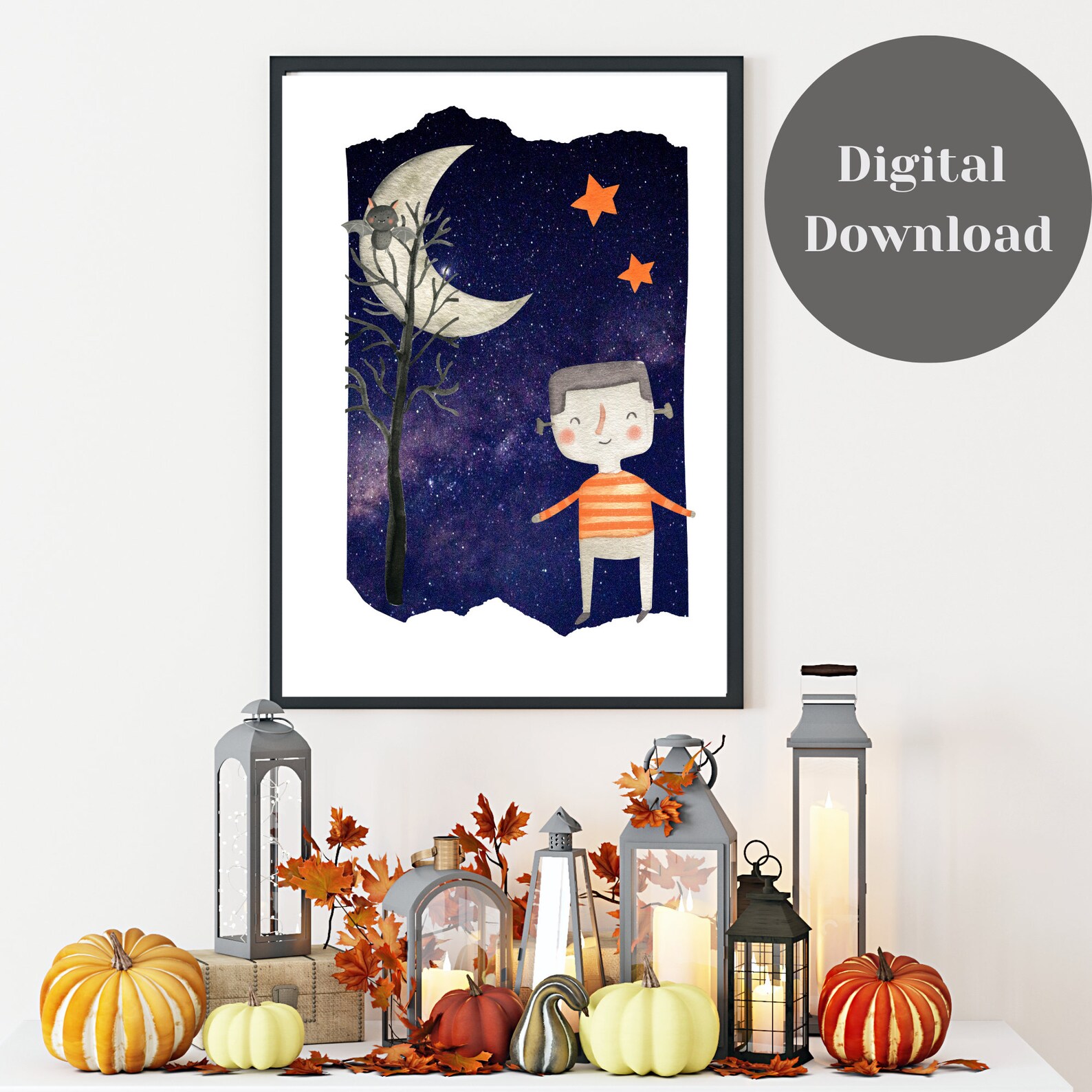 Halloween Decor Frankenstein Printable Art Space Crescent Moon - Etsy