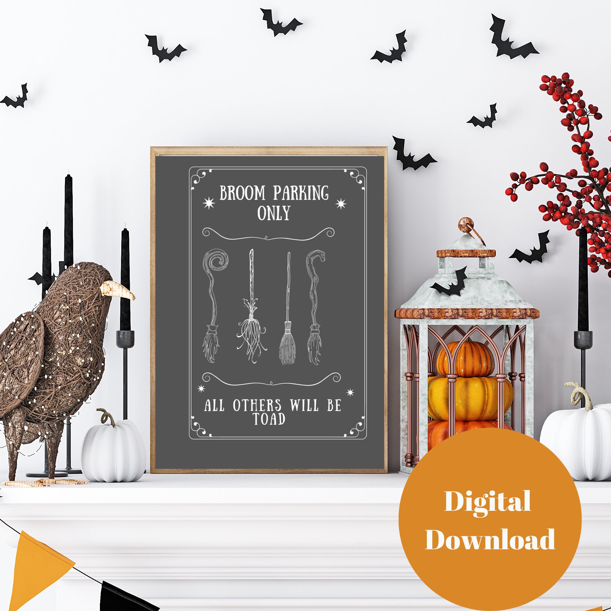 Broom Parking Printable Halloween Decor Digital Printable Black and ...