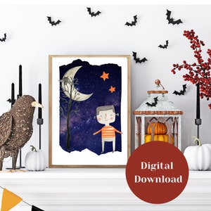 Halloween Decor Frankenstein Printable Art Space Crescent Moon Digital ...