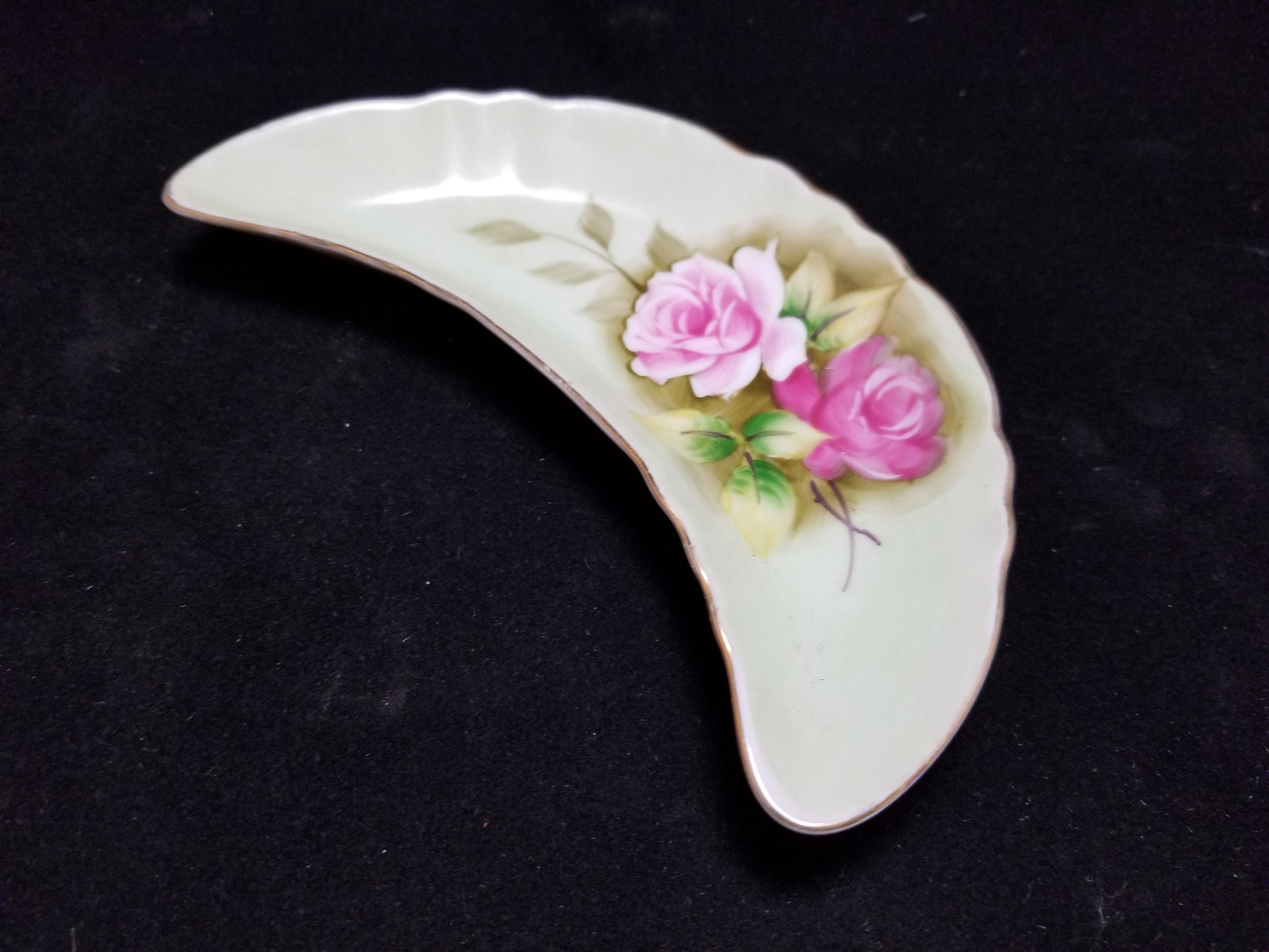 Vintage Lefton China Crescent Bone Dish - Green With Pink Roses and ...