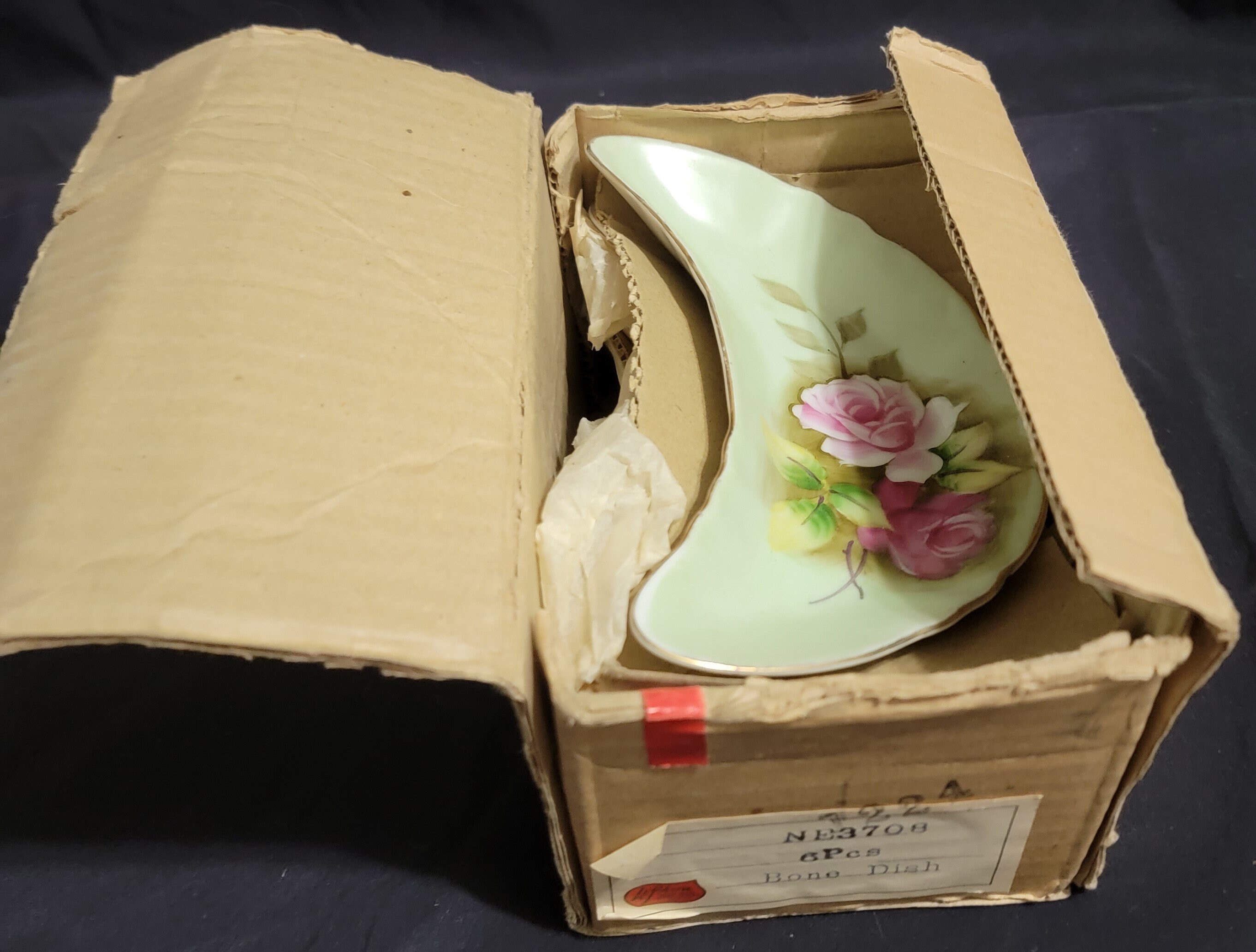 Vintage Lefton China Crescent Bone Dish - Green With Pink Roses and ...