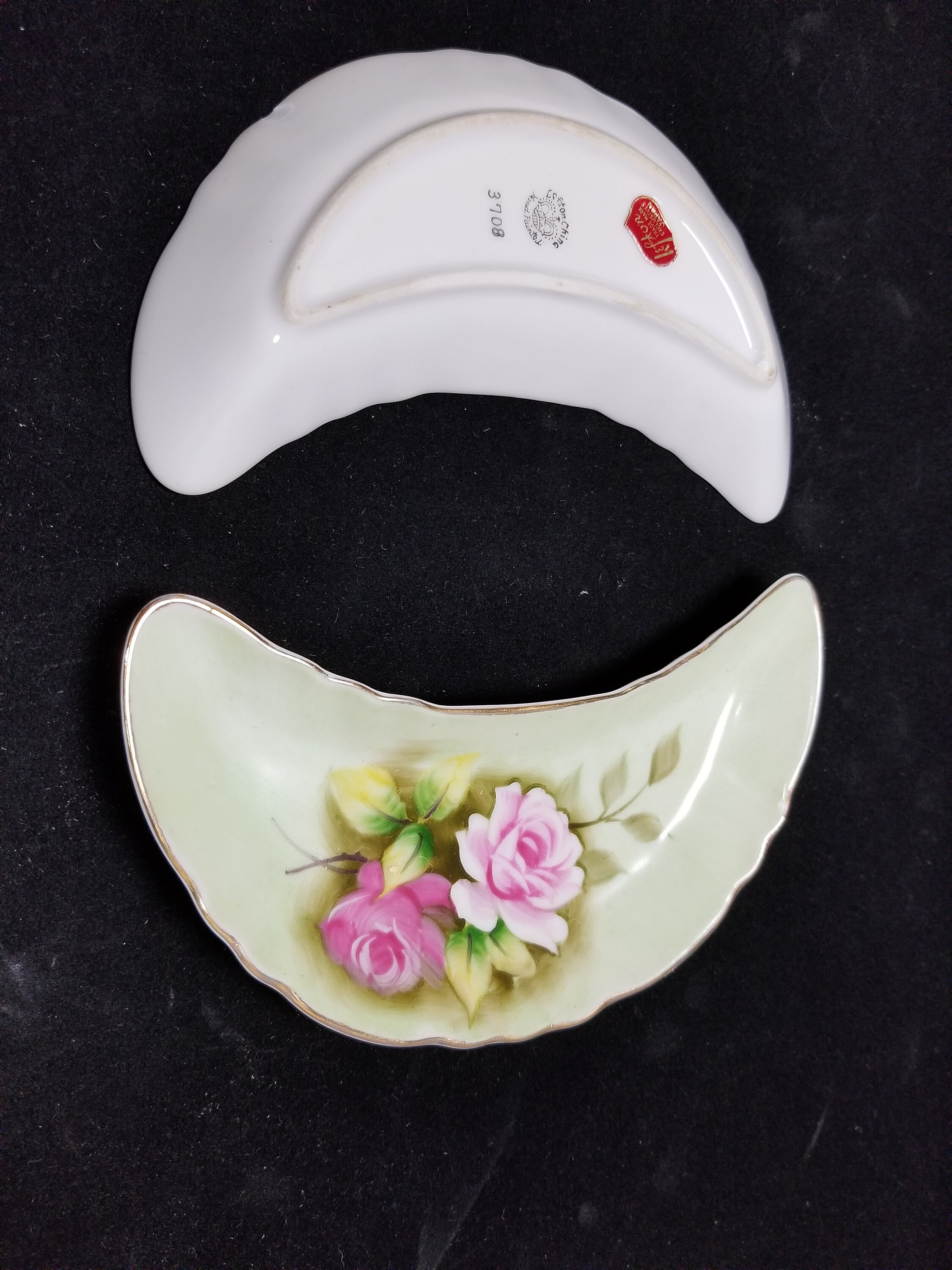 Vintage Lefton China Crescent Bone Dish - Green With Pink Roses and ...