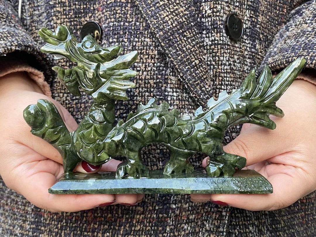 Natural Green Jade Dragon Statue, Fengshui Dragon Figure, Stone Hand ...