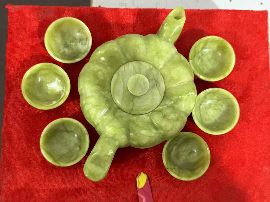 Jade Tea Set Tea Pot 6 Cups in Case, Natural Jade Healing Health ...