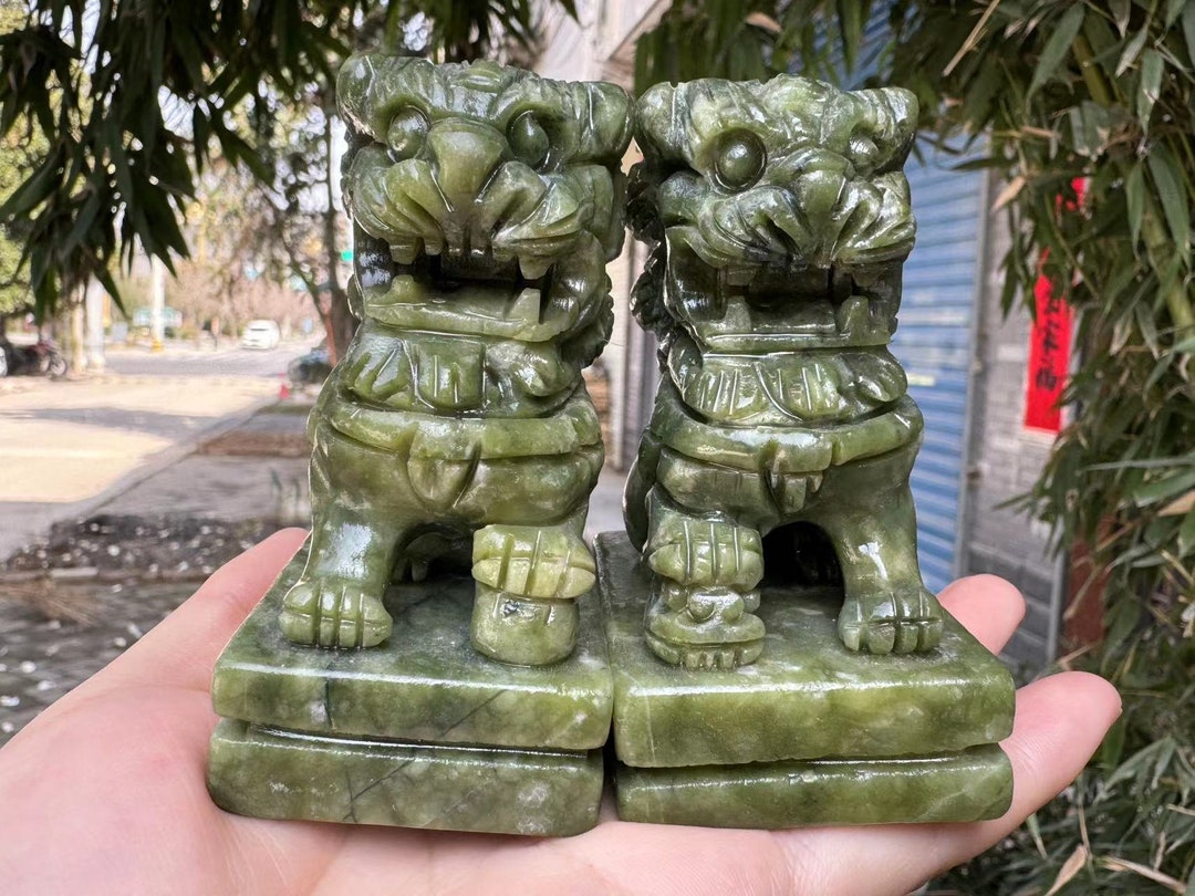 3.15'' Pair Natural Jade Lion Statues Feng Shui Home Decor, Foo-dogs ...