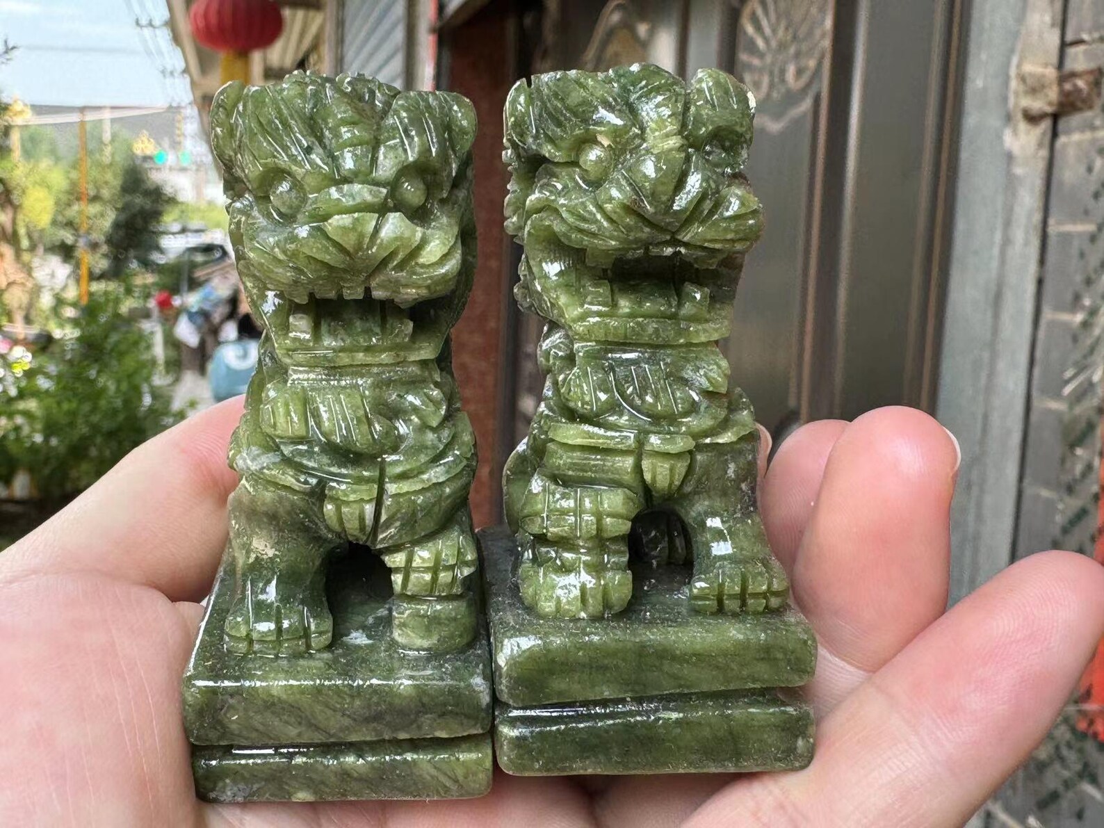 Pair Natural Green Jade Beijing Foo Dog Lion Statue, Crystal Healing ...