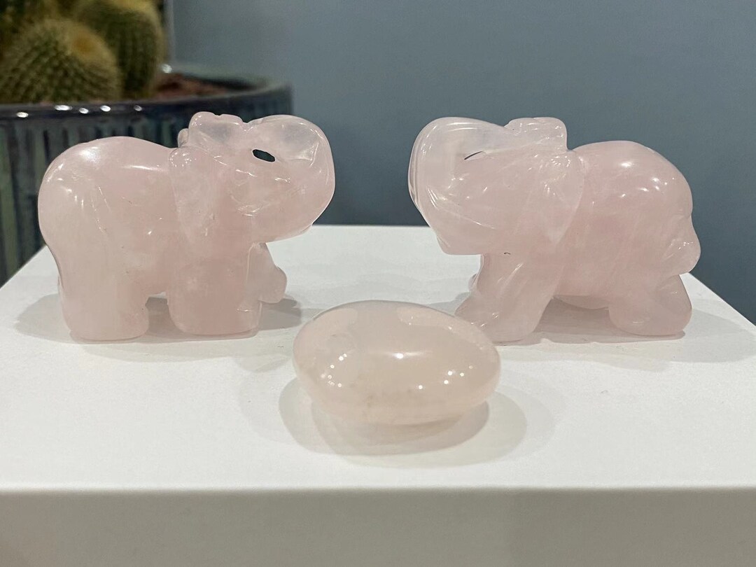 Pair Rose Quartz Elephant With Pink Crystal Heart,unique Natural Carved ...