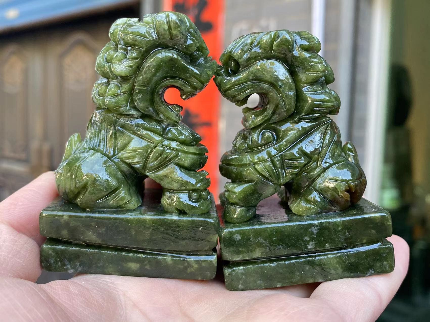 Pair Natural Green Jade Beijing Foo Dog Lion Statue, Crystal Healing ...