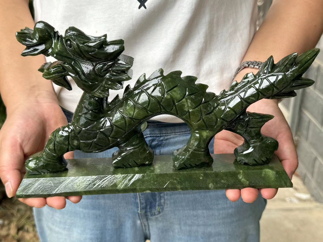 Natural Green Jade Dragon Statues Decor Feng Shui Hand Carved Zodiac ...