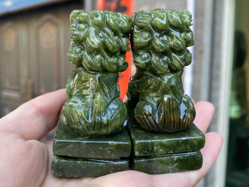 Pair Natural Green Jade Beijing Foo Dog Lion Statue, Crystal Healing ...