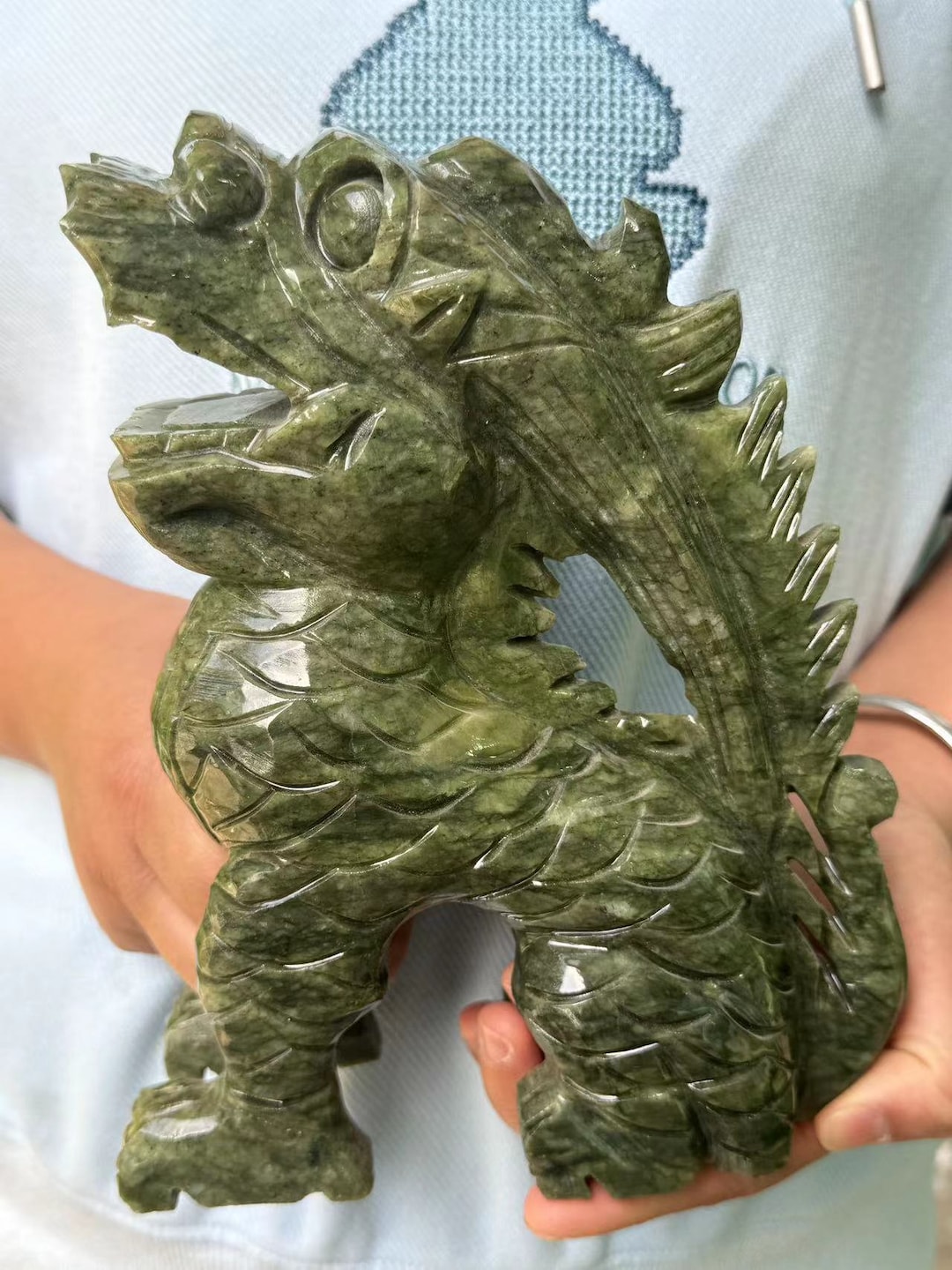 Natural Green Jade Dragon Statue Chinese Feng Shui Lucky Loong Animal ...