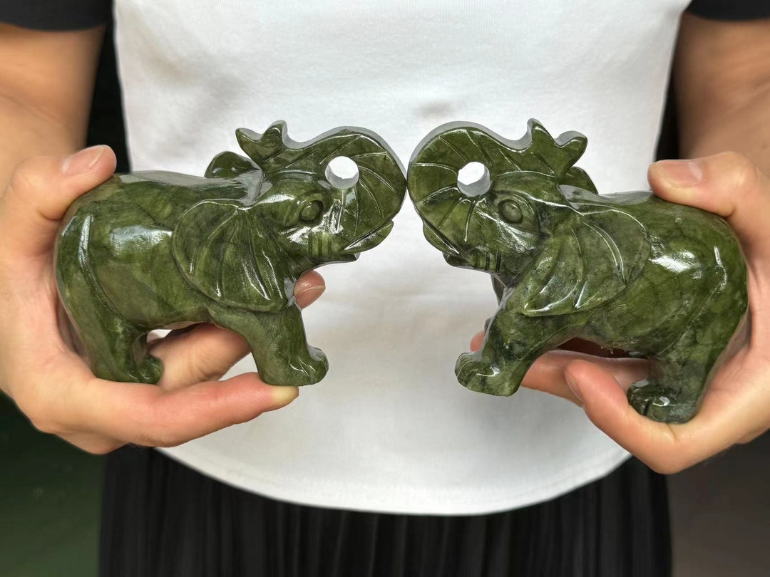 Pair Good Fortune Natural Green Jade Elephant Statue Handcrafted Home ...