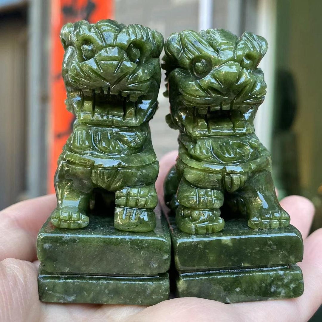 Pair Natural Green Jade Beijing Foo Dog Lion Statue, Crystal Healing ...