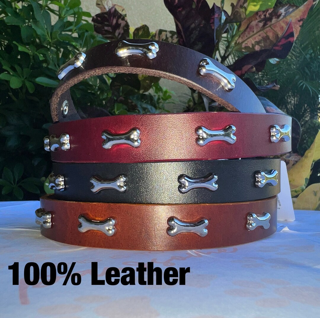 Leather Dog Collar, Dog Collar, Leather Collar With Bones Rivet ,100% ...
