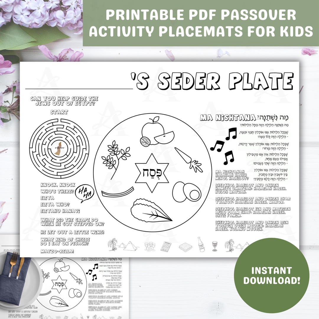 Printable Passover Seder Activity Placemats for Kids, Seder Dinner ...