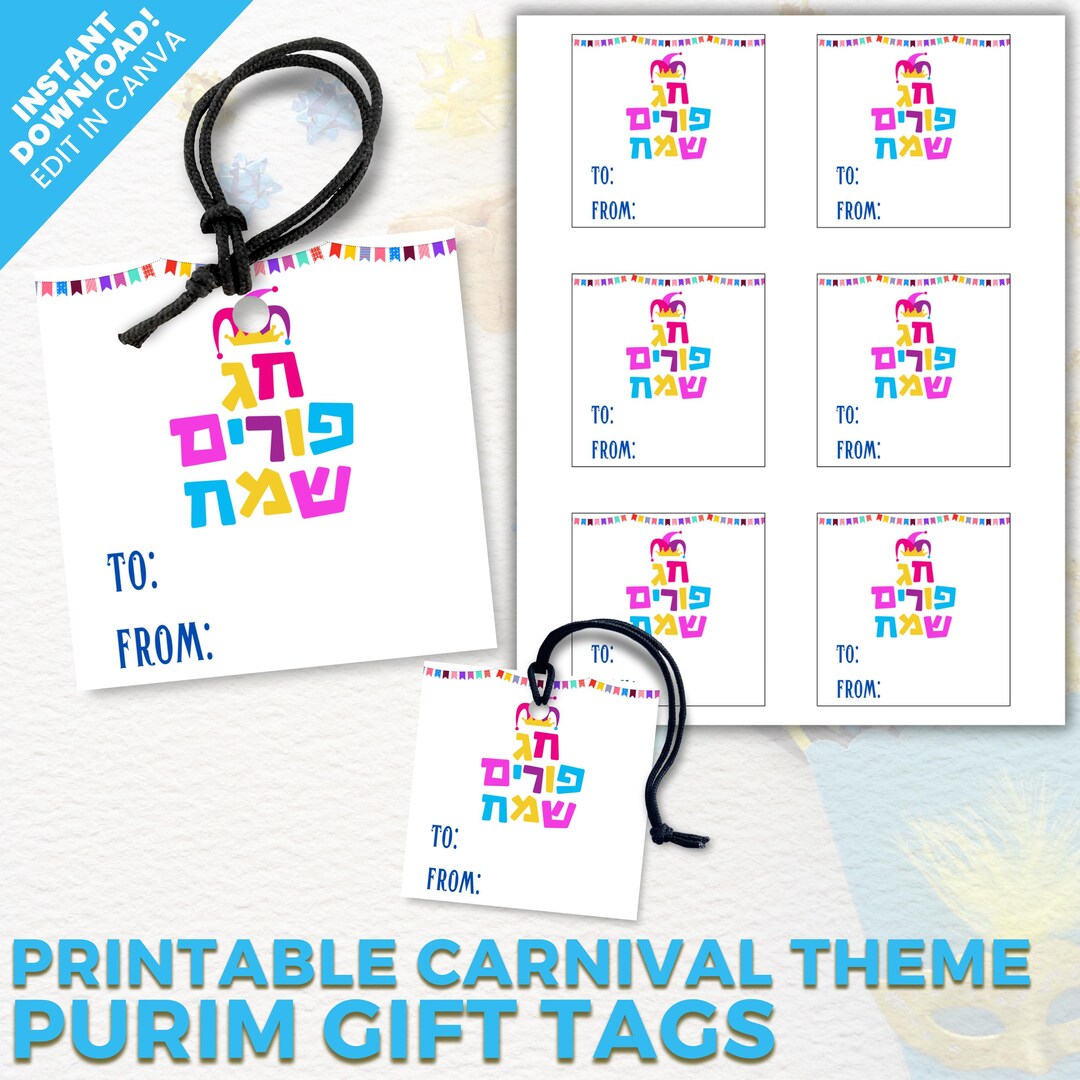 Hebrew Chag Sameach Purim Basket Gift Tags, Mishloach Manot Labels ...