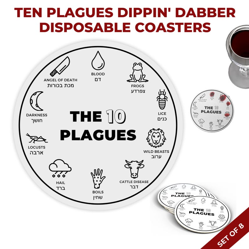 Passover Ten Plagues Dippin' Dabber Disposable Coasters - Set of 8 ...