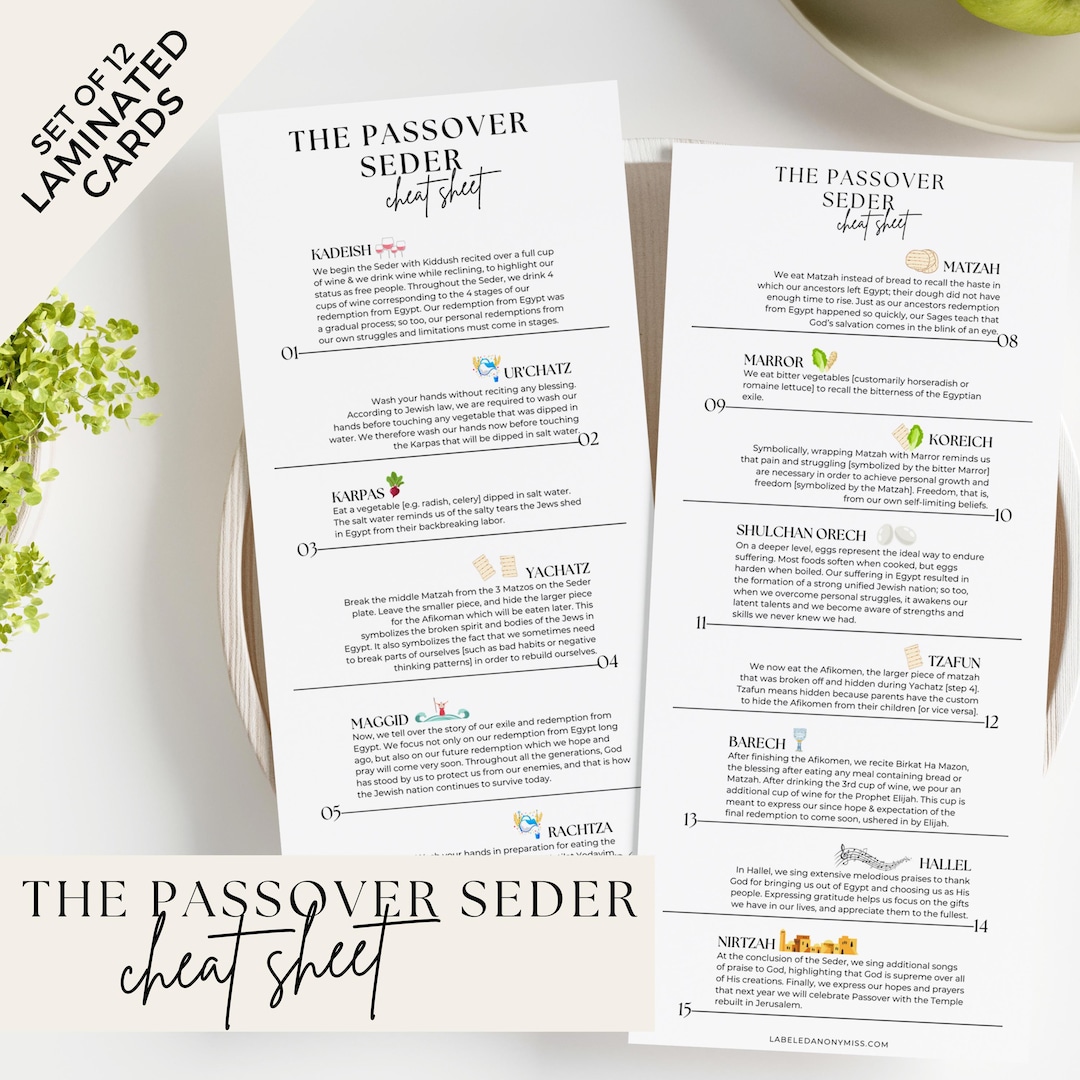 Passover Seder Cheat Sheet Set of 12, Pesach Seder Haggadah Guide ...