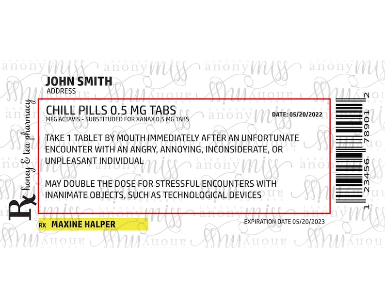 Personalized Prescription Candy Jar Label, Candy Chill Pills Birthday ...