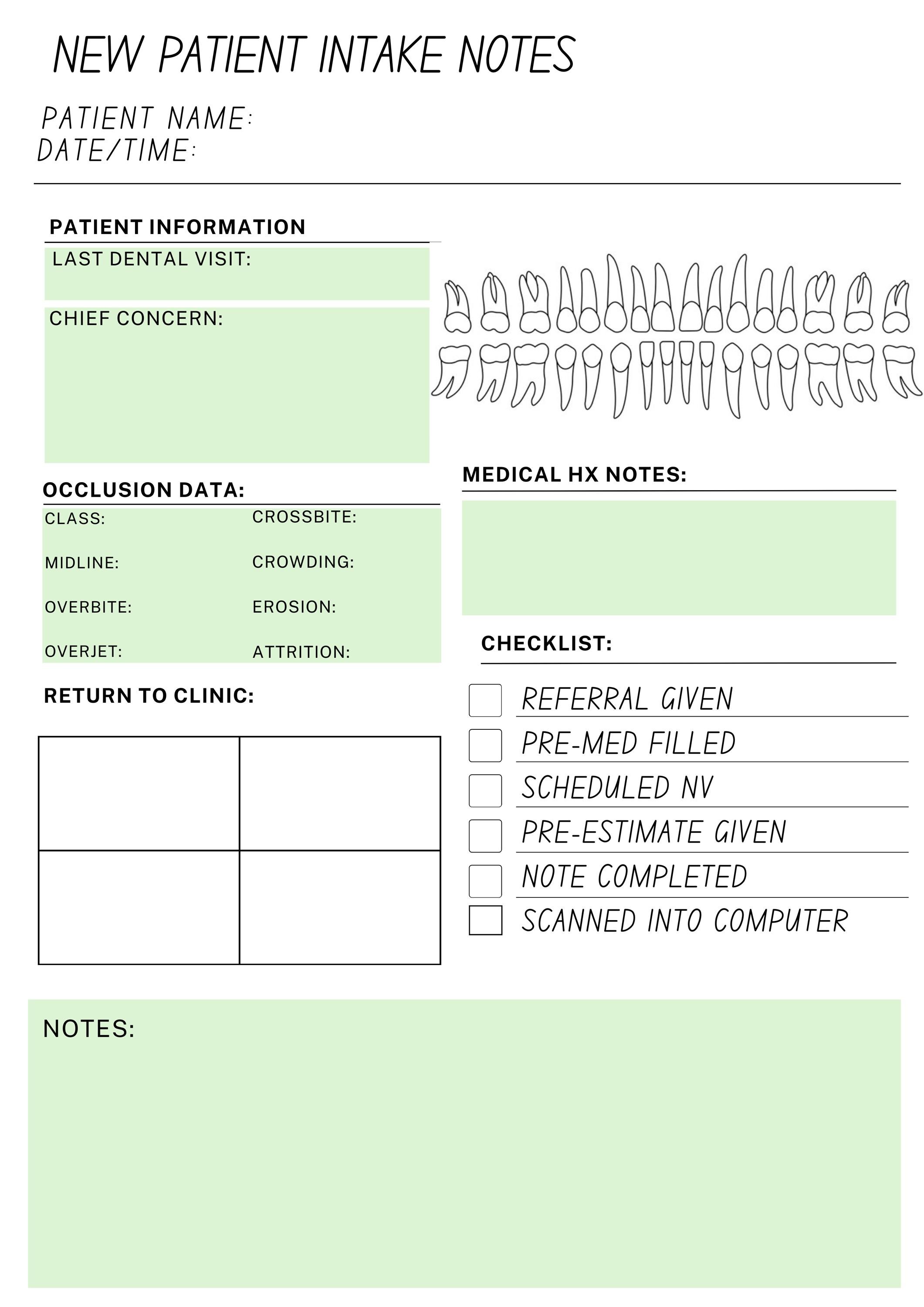 Dental New Patient Intake Notes Digital Download-new Patient Forms ...