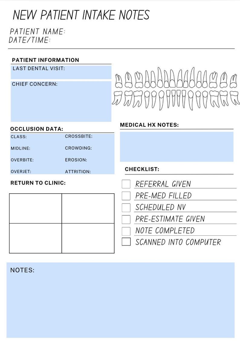 Dental New Patient Intake Notes - Digital Download-new Patient Forms ...
