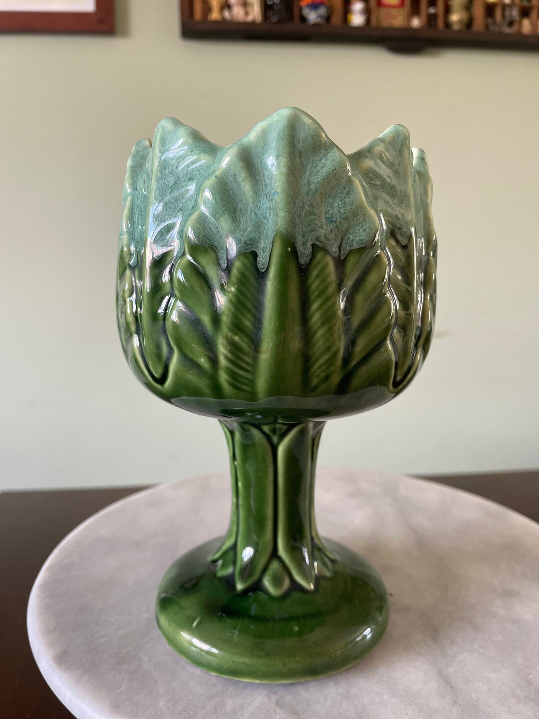 Vintage Green Drip Pottery Pedestal Compote With Overlapping Leaf ...