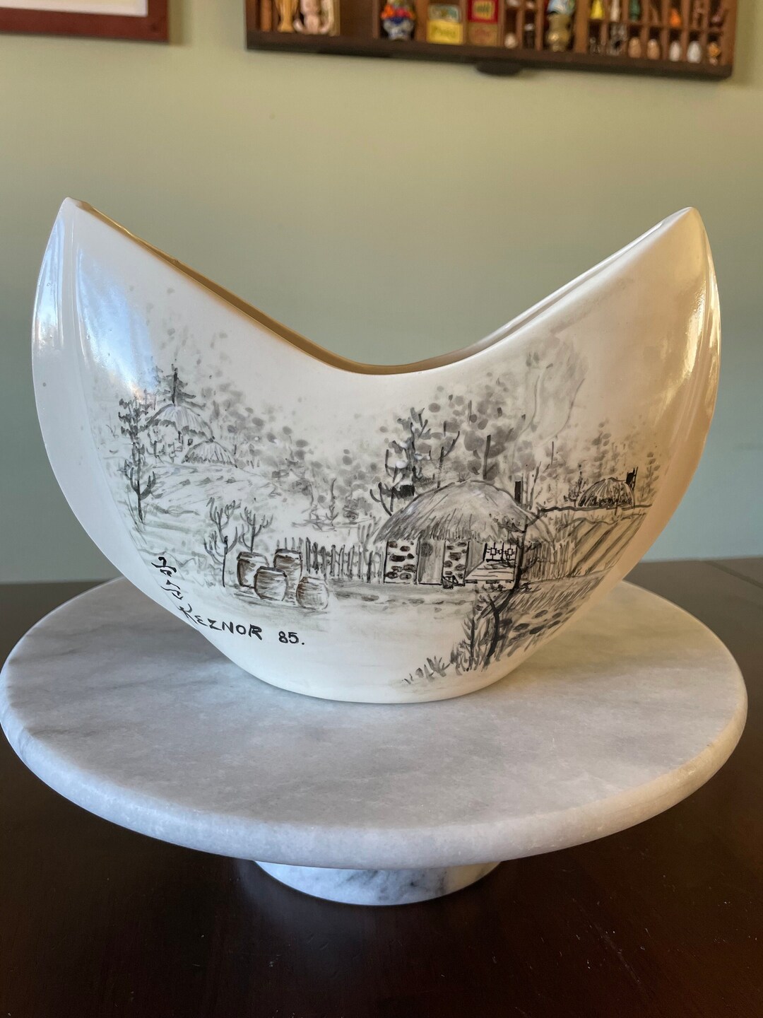 Vintage Half Moon Vase With Hand Painted Village Scene - Etsy