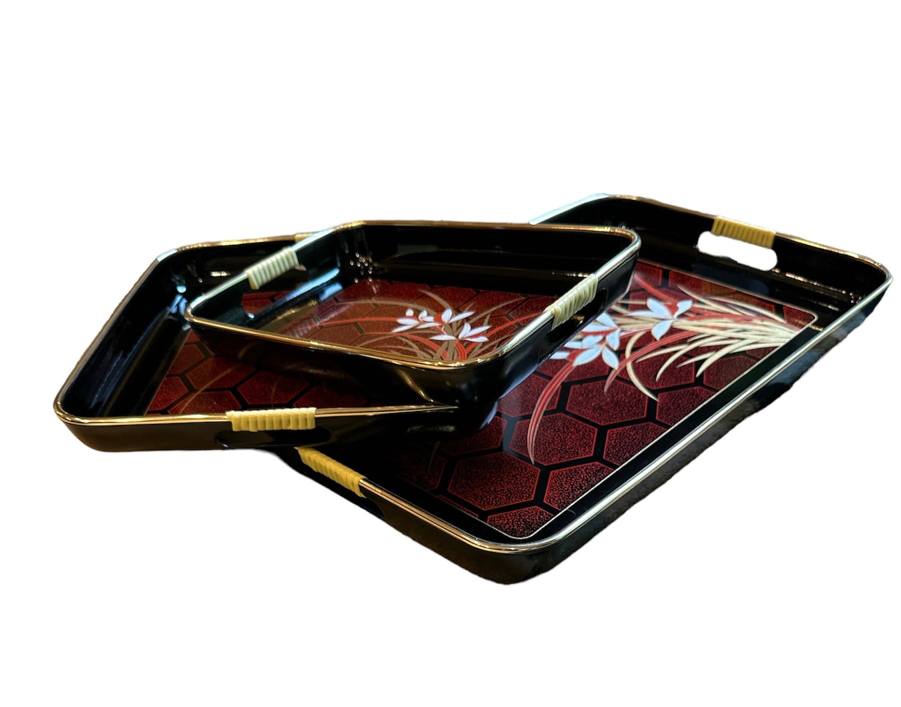 Vintage Japanese Nested Black Lacquerware Trays- Hand Decorated Nishi ...
