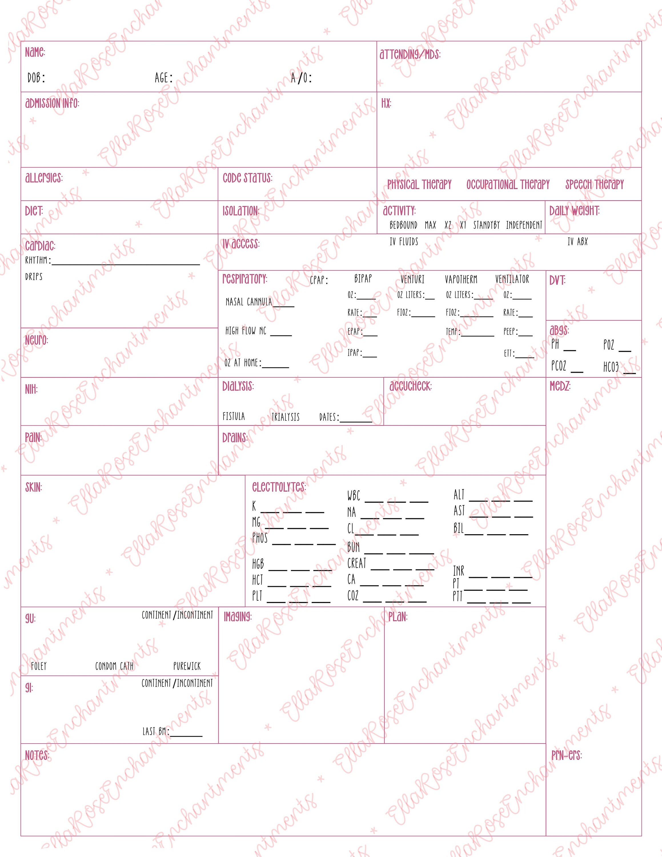 PCU RN Report Sheets: Multicolored Critical Care Nursing (digital ...