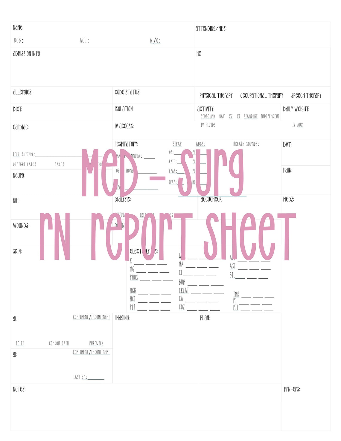Med Surg RN Report Sheet | Nursing Assessment (digital Download) - Etsy
