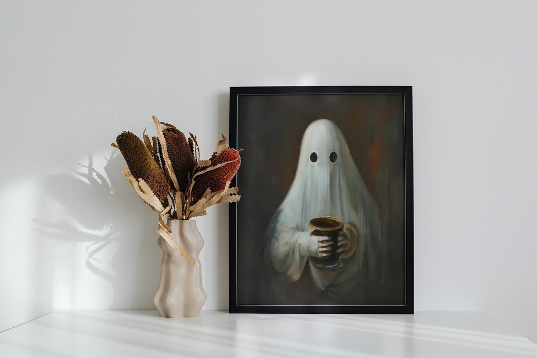 Ghost Drinking Coffee Wall Art Print, Cute Ghost Printable, Vintage Oil ...