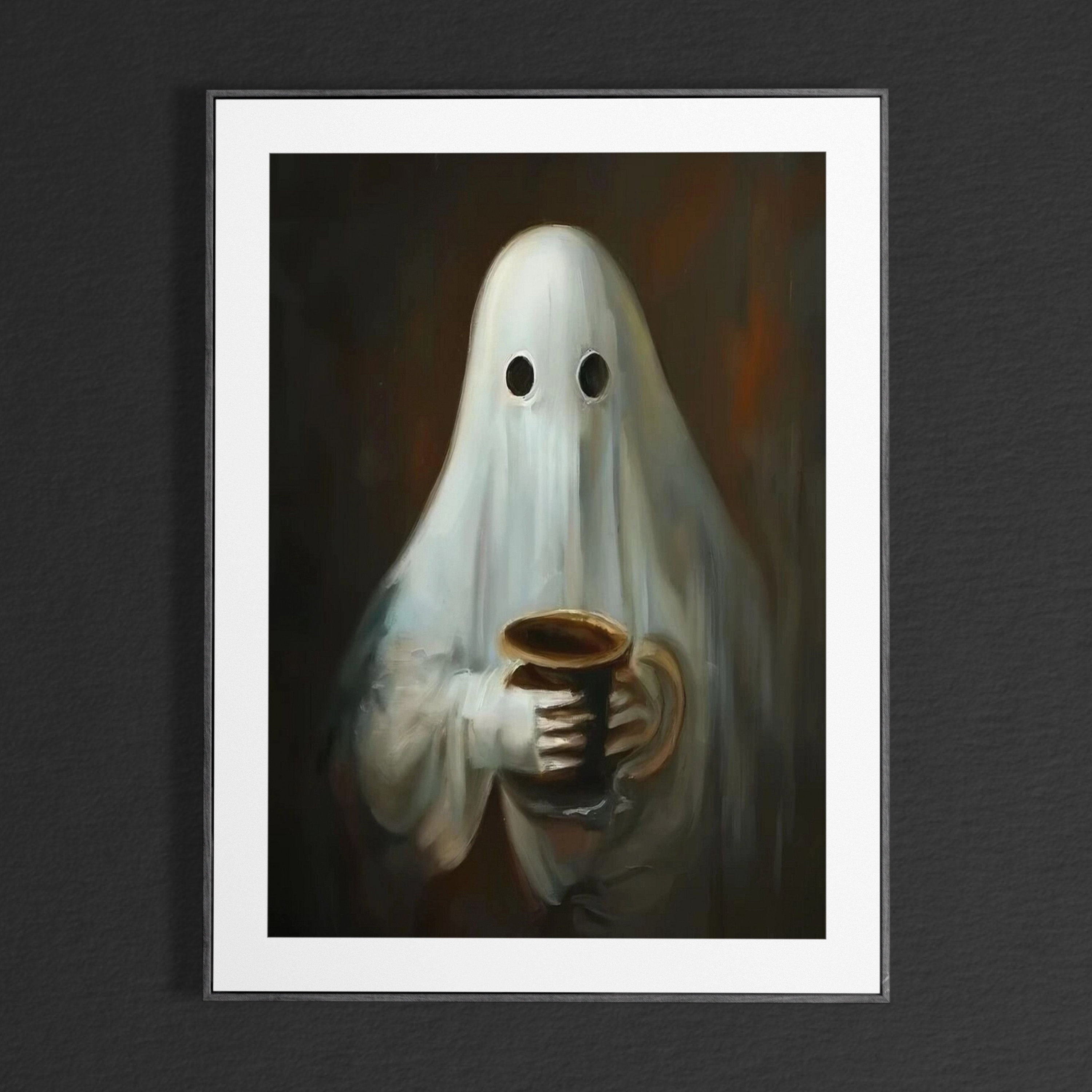 Ghost Drinking Coffee Art Print, Cute Ghost Printable, Vintage Oil ...