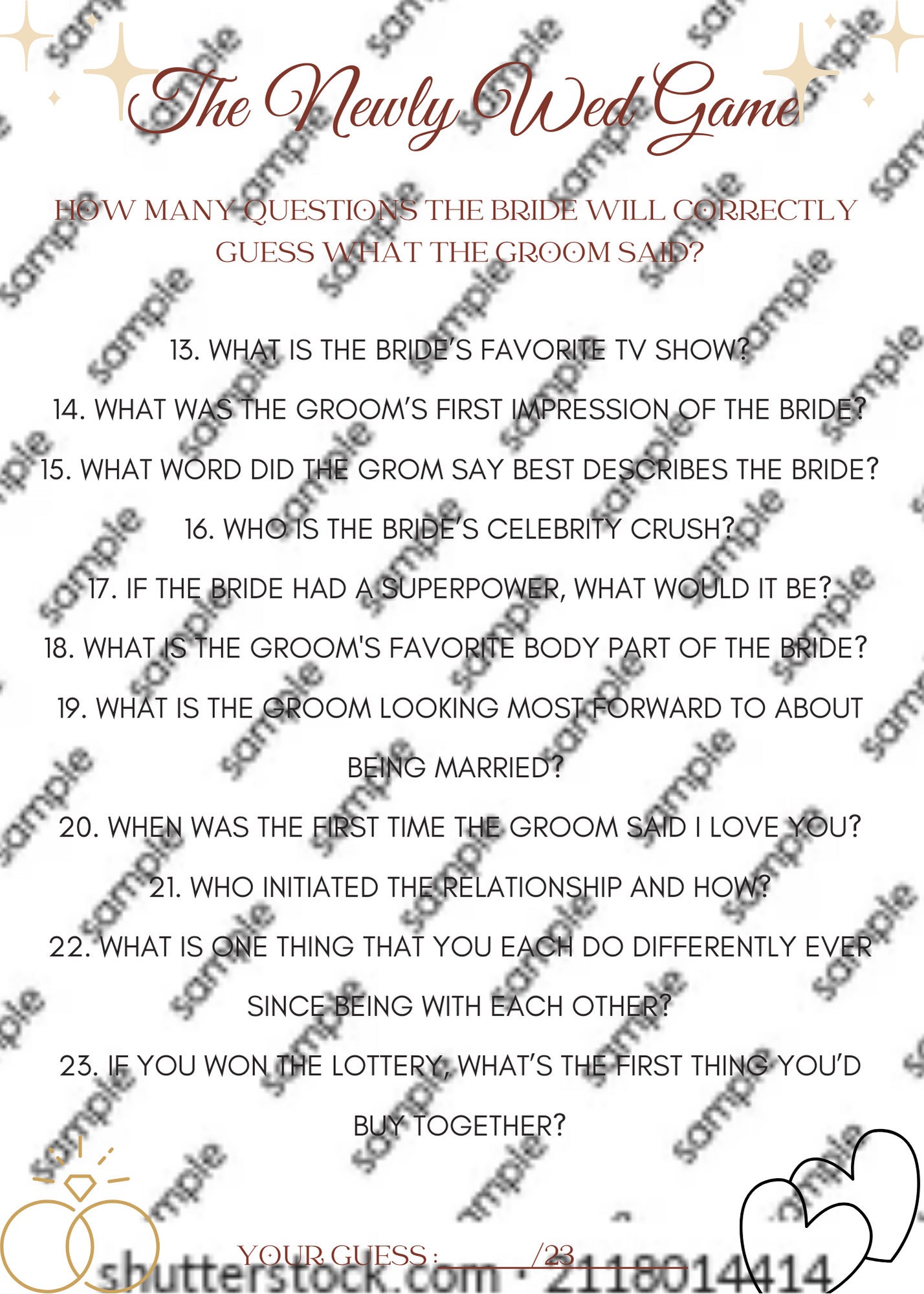 Bridal Shower Newly Wed Game, Printable PDF (23 Questions) - Etsy
