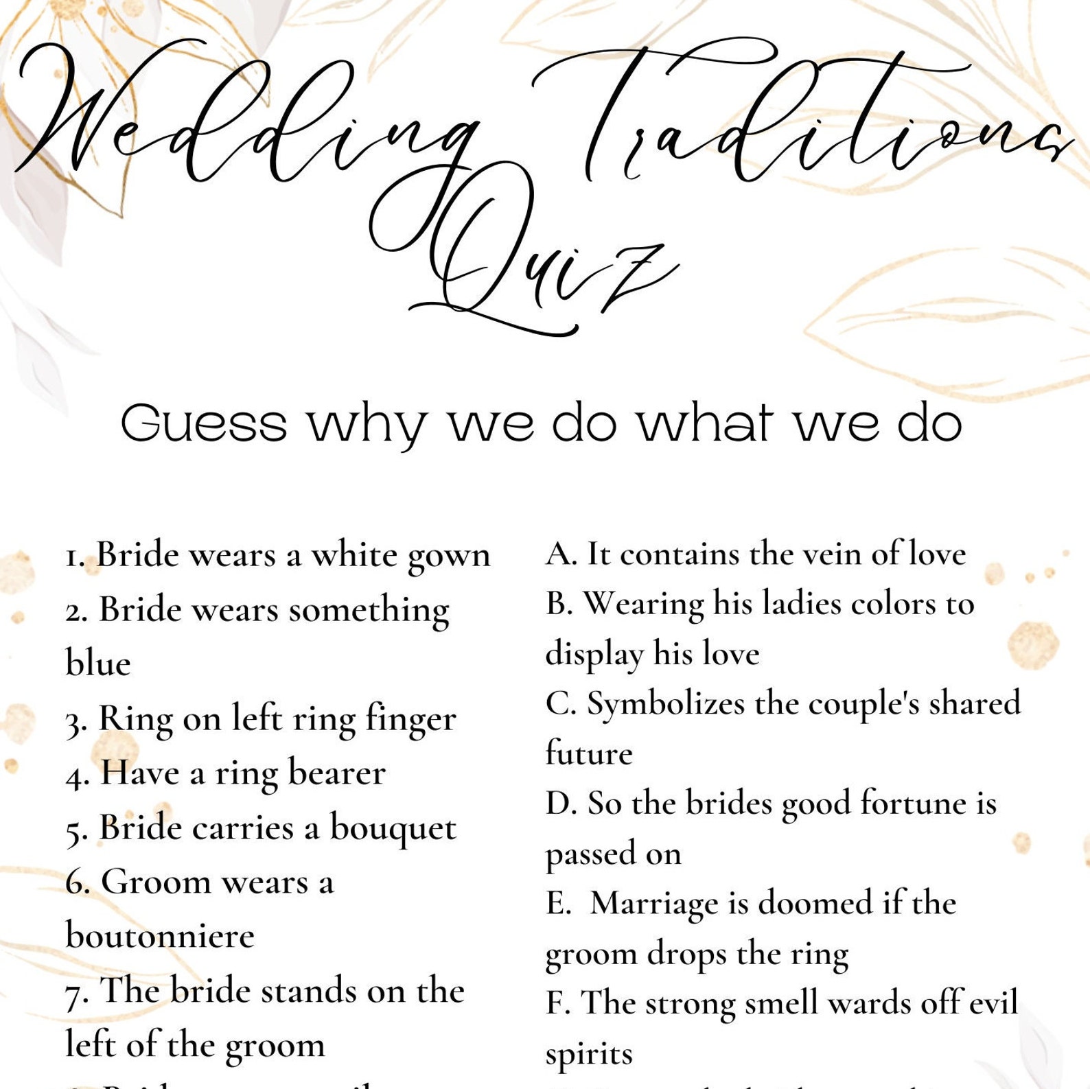 Wedding Traditions Quiz Downloadable Printable Game Bridal Shower ...