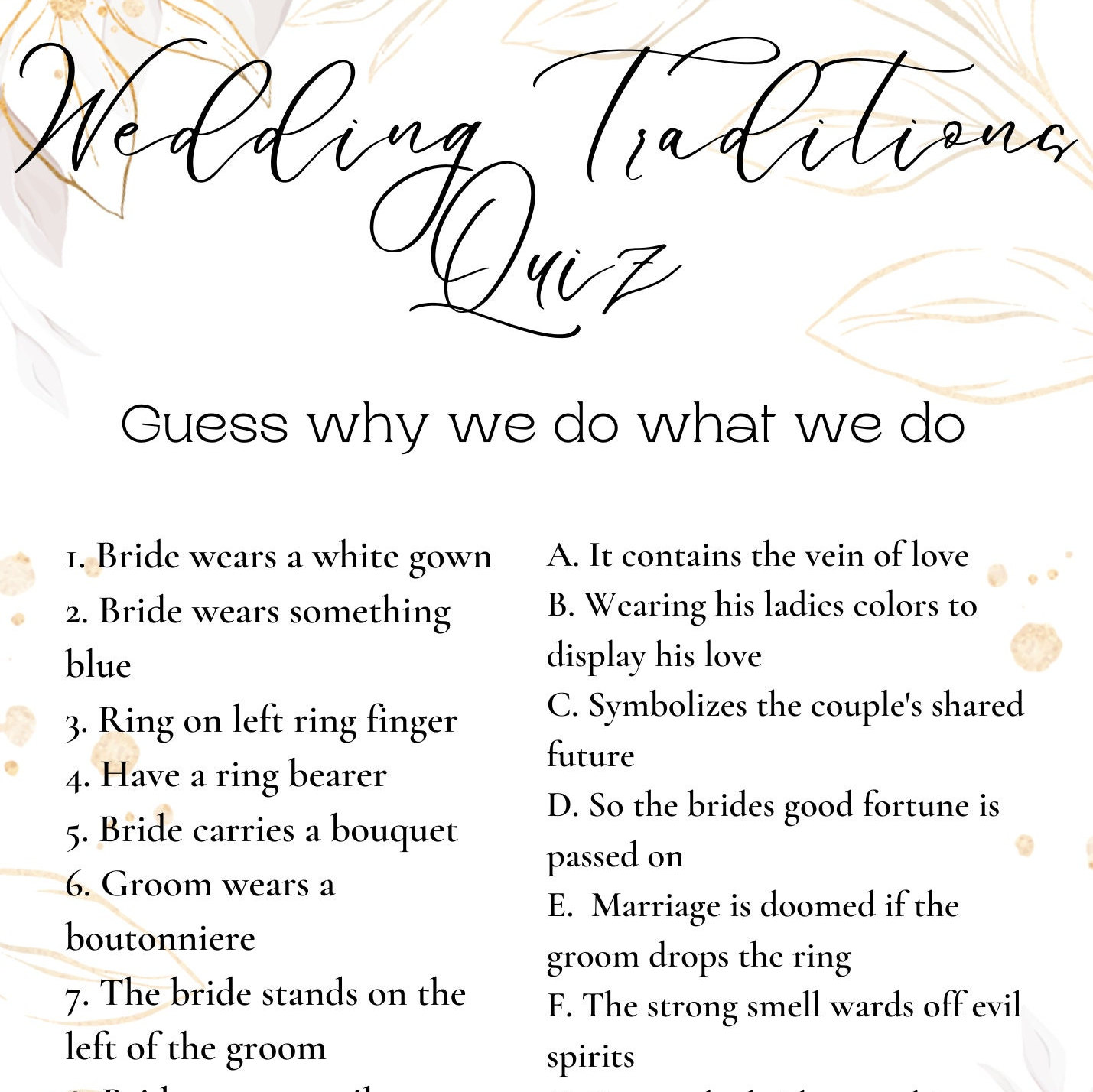 Wedding Traditions Quiz Downloadable Printable Game Bridal Shower ...