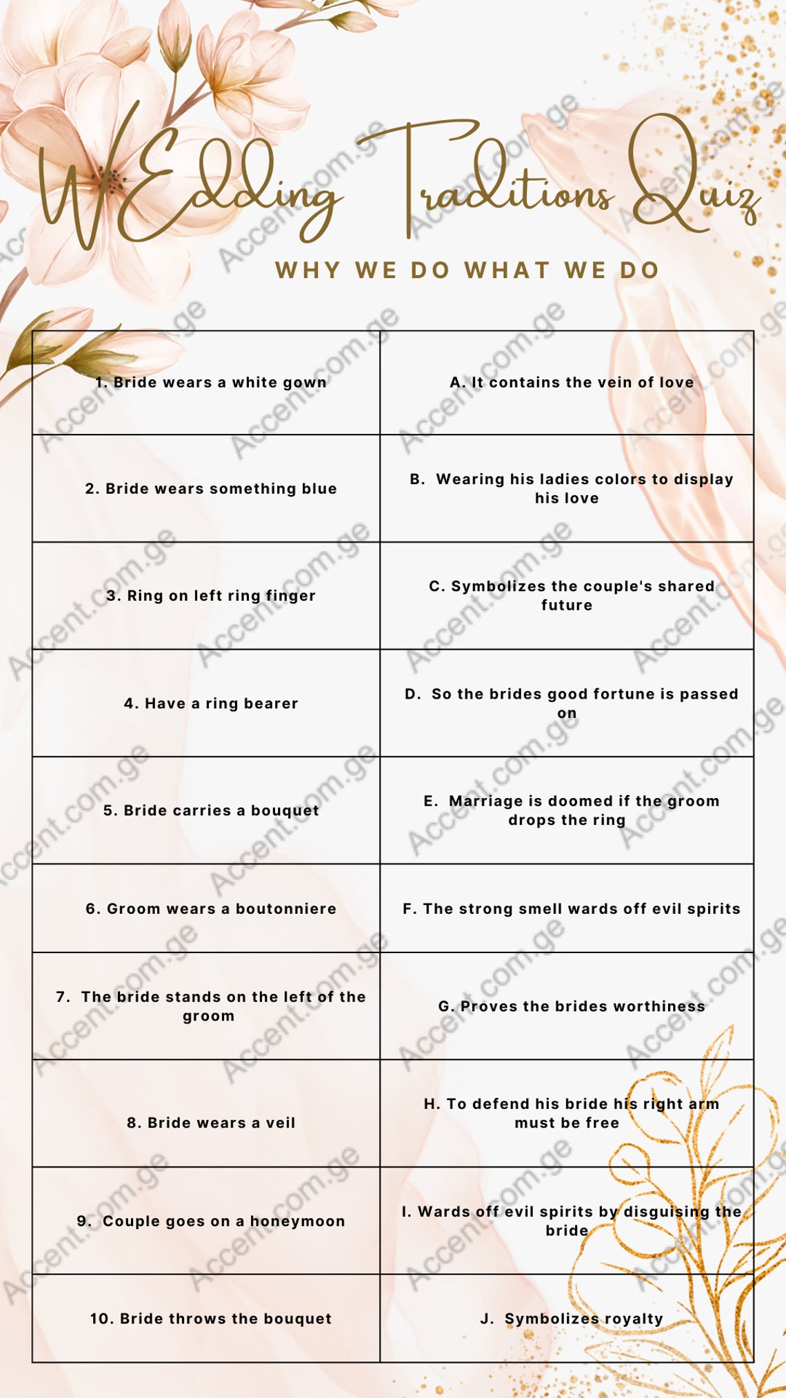 Wedding Traditions Quiz Downloadable Printable Game Bridal Shower ...