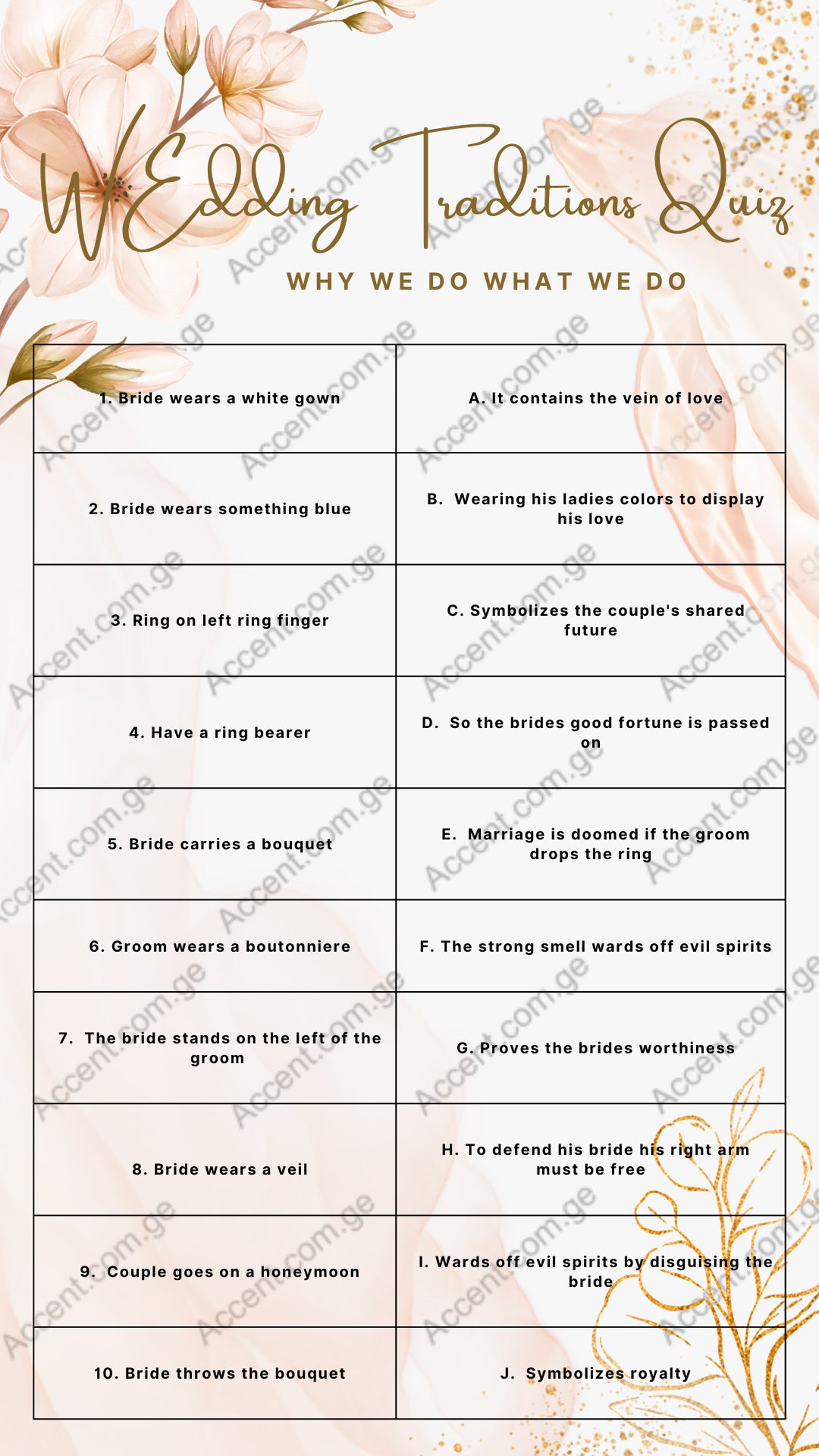 Wedding Traditions Quiz Downloadable Printable Game Bridal Shower ...