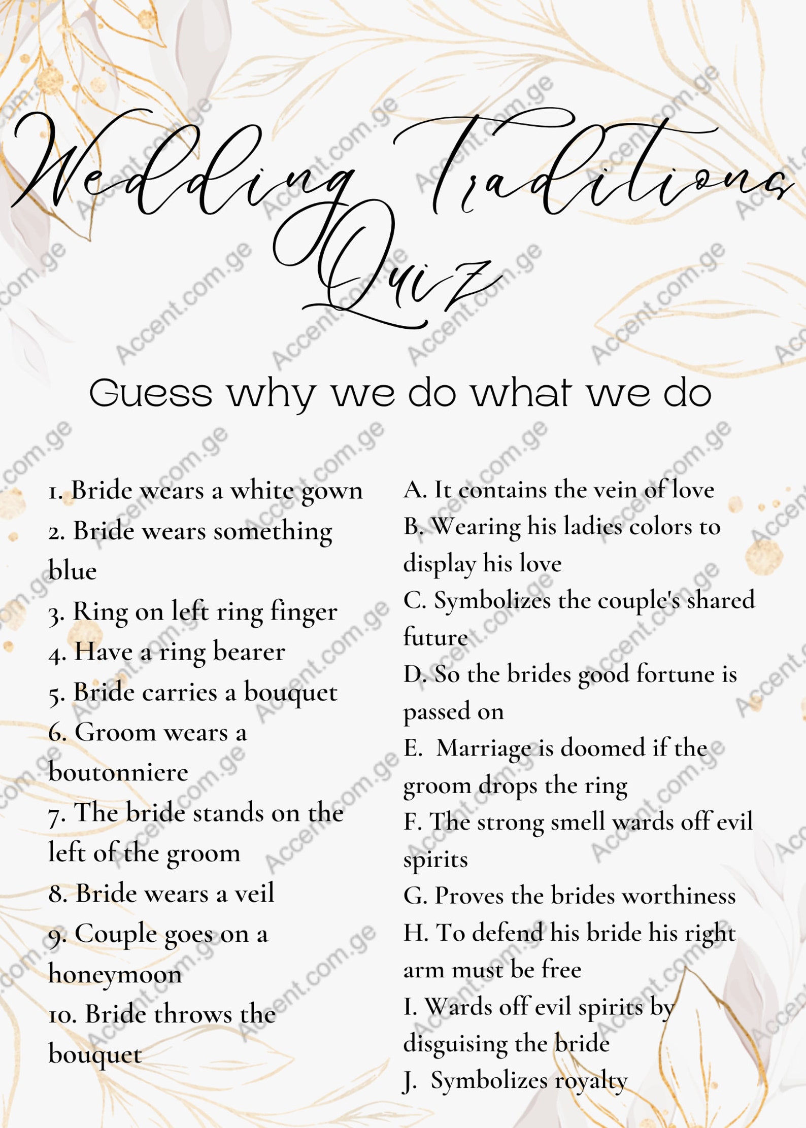 Wedding Traditions Quiz Downloadable Printable Game Bridal Shower ...