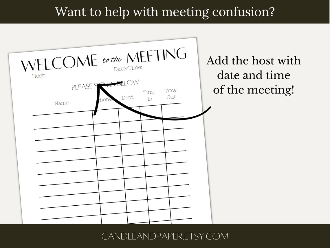 Meeting Sign in Sheet | Meeting Attendance Sheet | Sign in Sheet ...