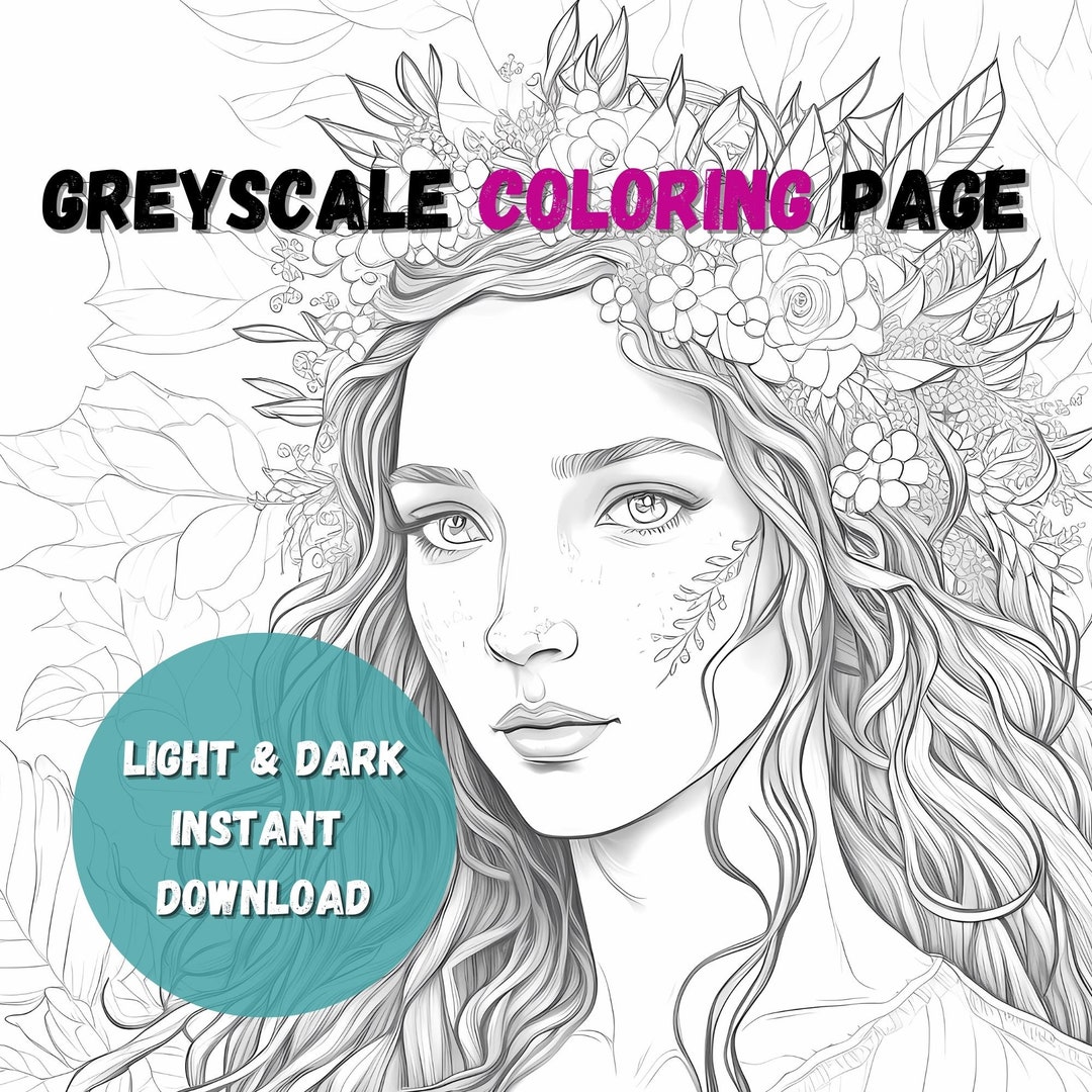 Midsummer Greyscale Coloring Page Anxiety Stress Relief Portrait Adult ...