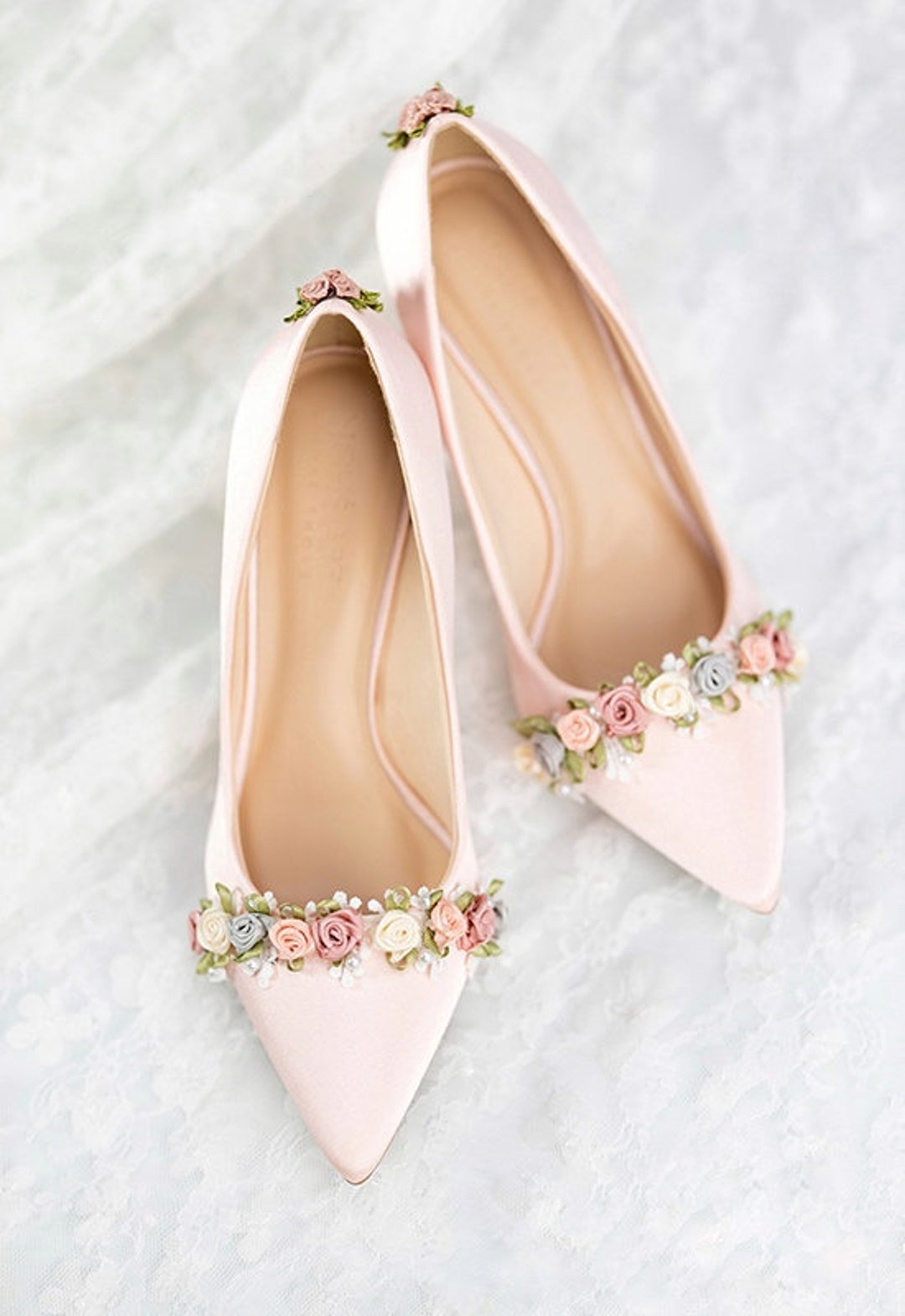 Pink Satin Wedding Shoes With Flowers on the Heel and Colorful Toe ...