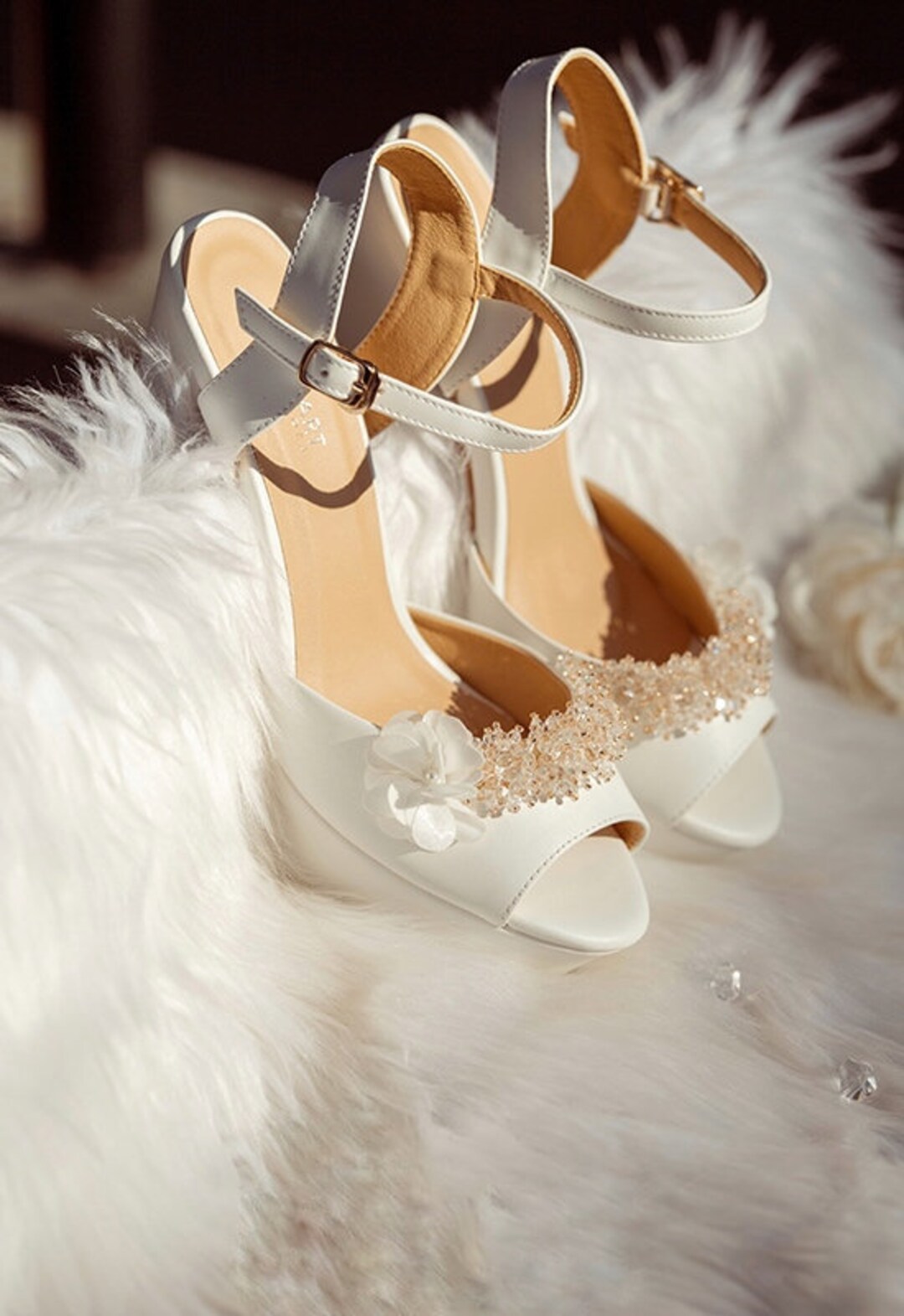 Wedding Shoes With Sparkling Crystal Flowers, Beautiful Fabric Flowers ...