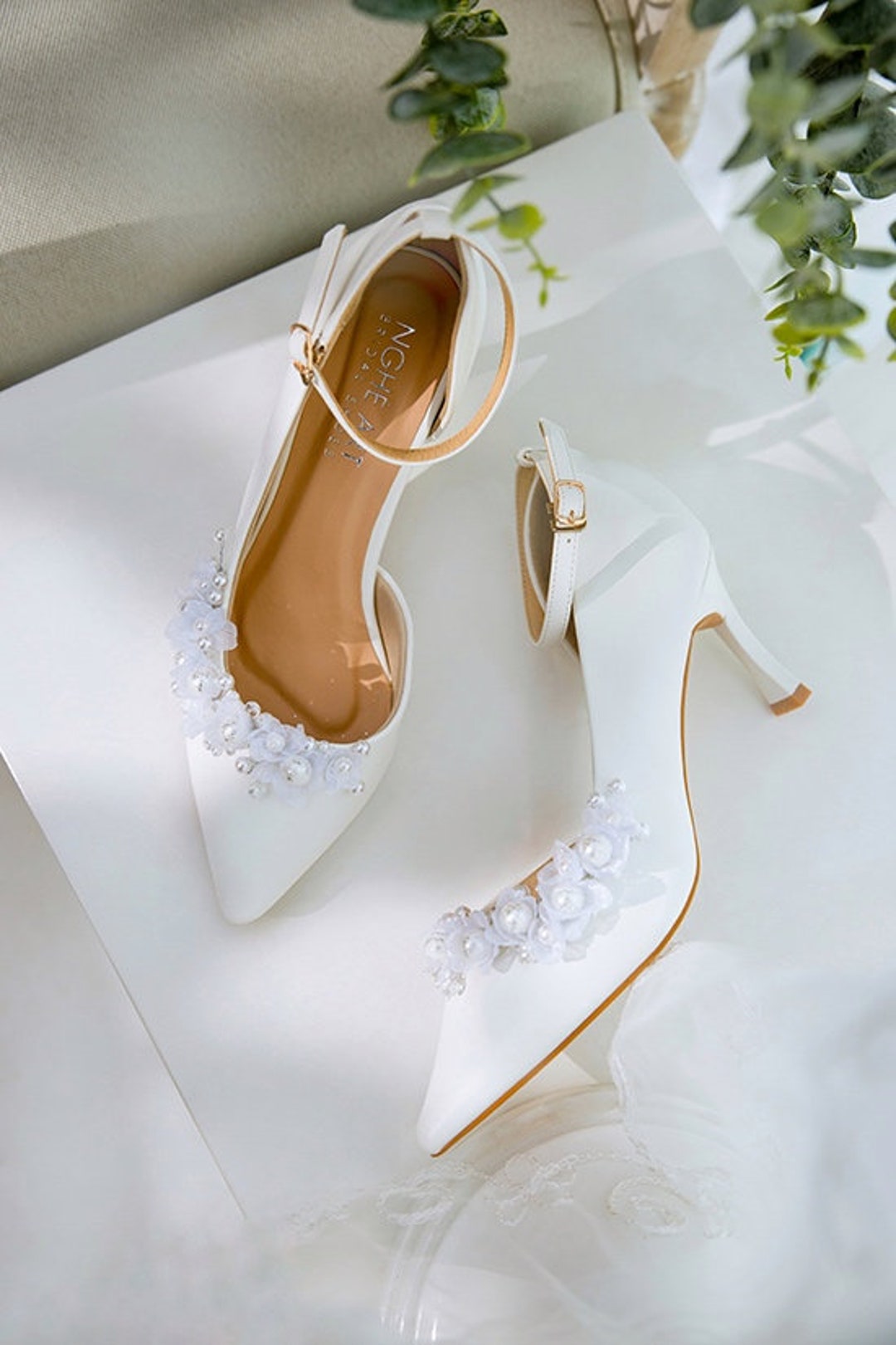 Ivory White Wedding Shoes With Beautiful Fabric Flowers and Pearls. 7cm High Heel Bridal Wedding ...