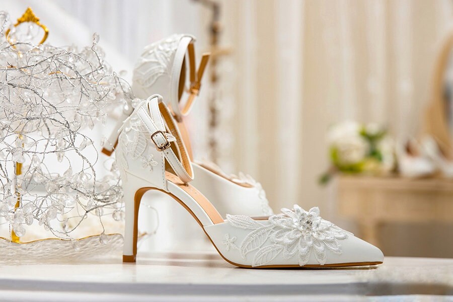 Leather Wedding Shoes With Beautiful White Lace and Crystal. 9cm High ...