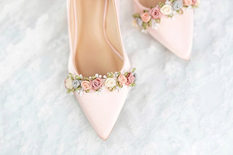 Pink Satin Wedding Shoes With Flowers on the Heel and Colorful Toe ...