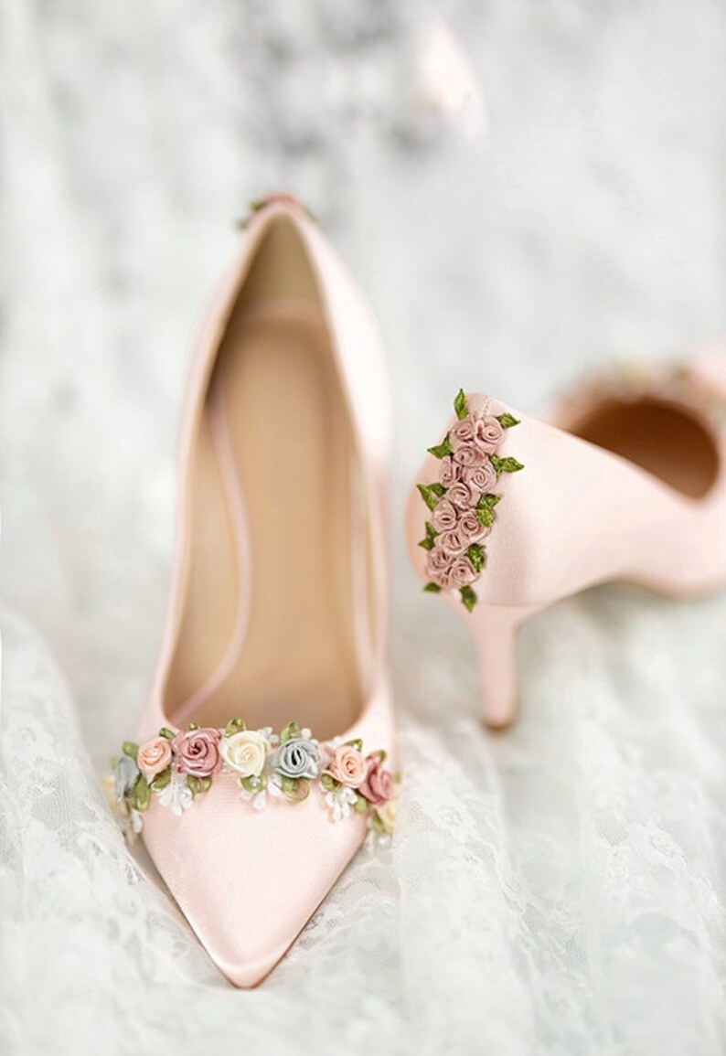 Pink Satin Wedding Shoes With Flowers on the Heel and Colorful Toe ...